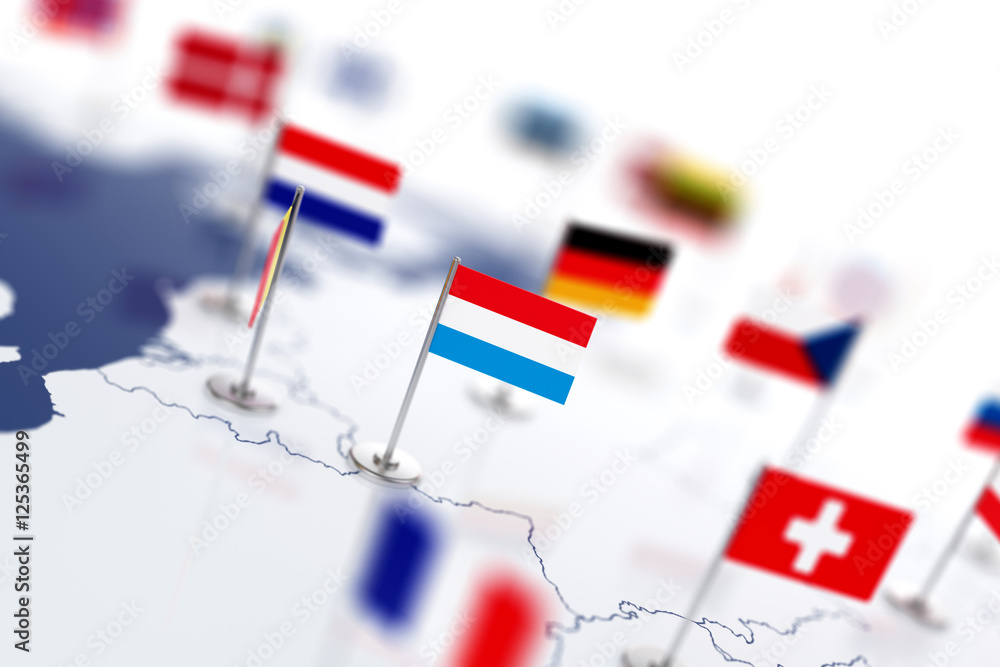 Luxembourg flag in the focus. Europe map with countries flags Stock ...