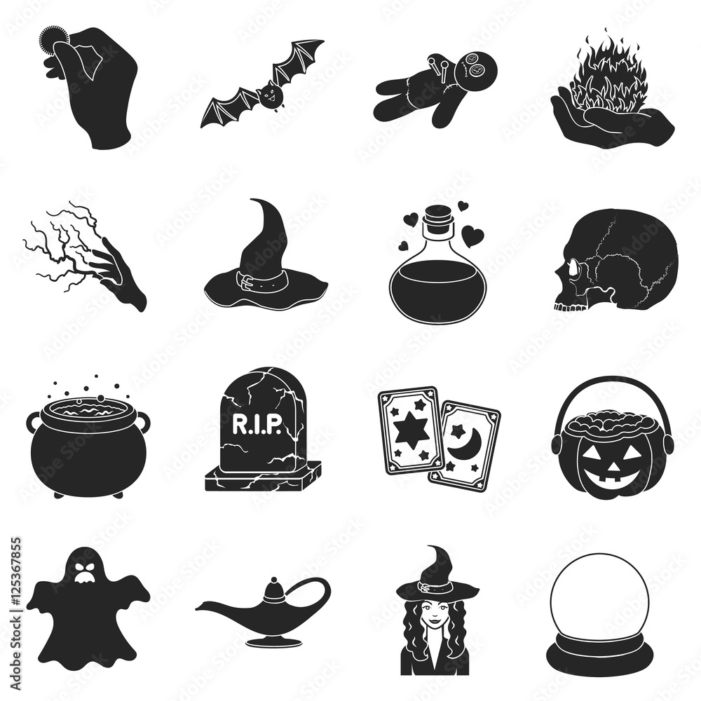 Black and white magic set icons in black style. Big collection of black ...