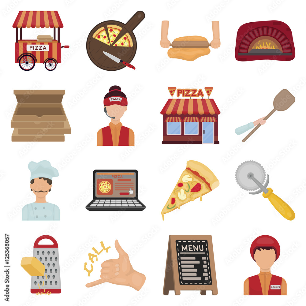 Pizza and pizzeria set icons in cartoon style. Big collection of pizza ...
