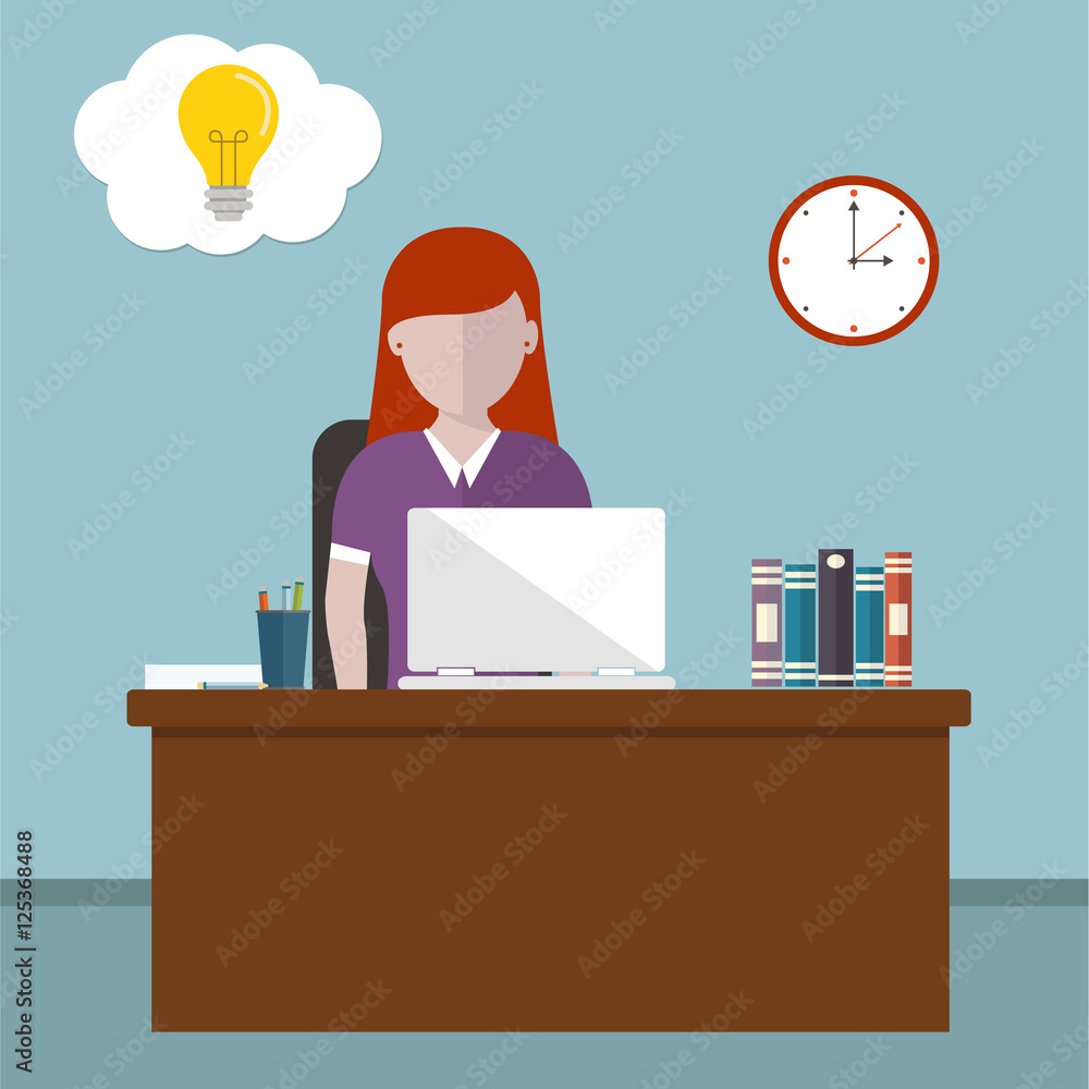 Workday and workplace concept. Vector illustration of a woman in the ...