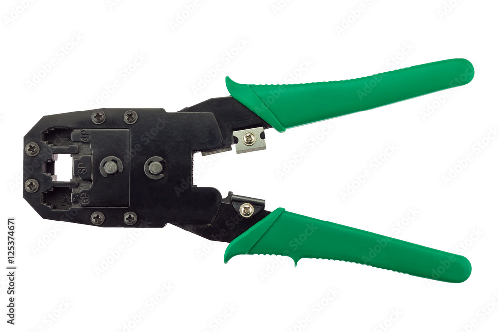 Crimping tool for installing lan cable on white background. Stock Photo ...