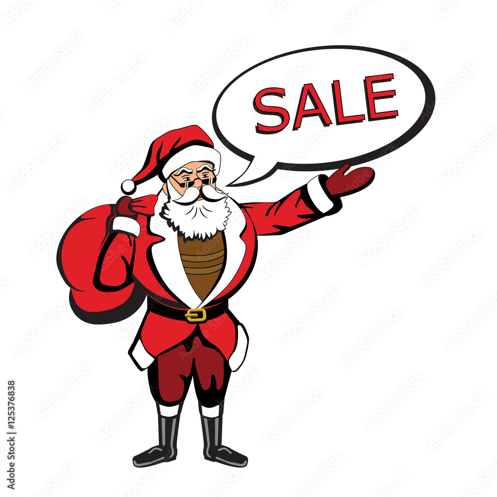 Santa with sale. Isolated Santa Claus in red costume with red bag of ...
