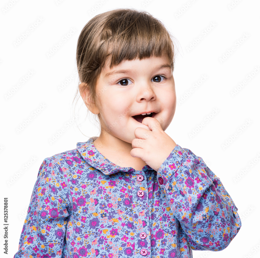 Emotional portrait of a 3 years old girl, smiling. Cute caucasian baby ...