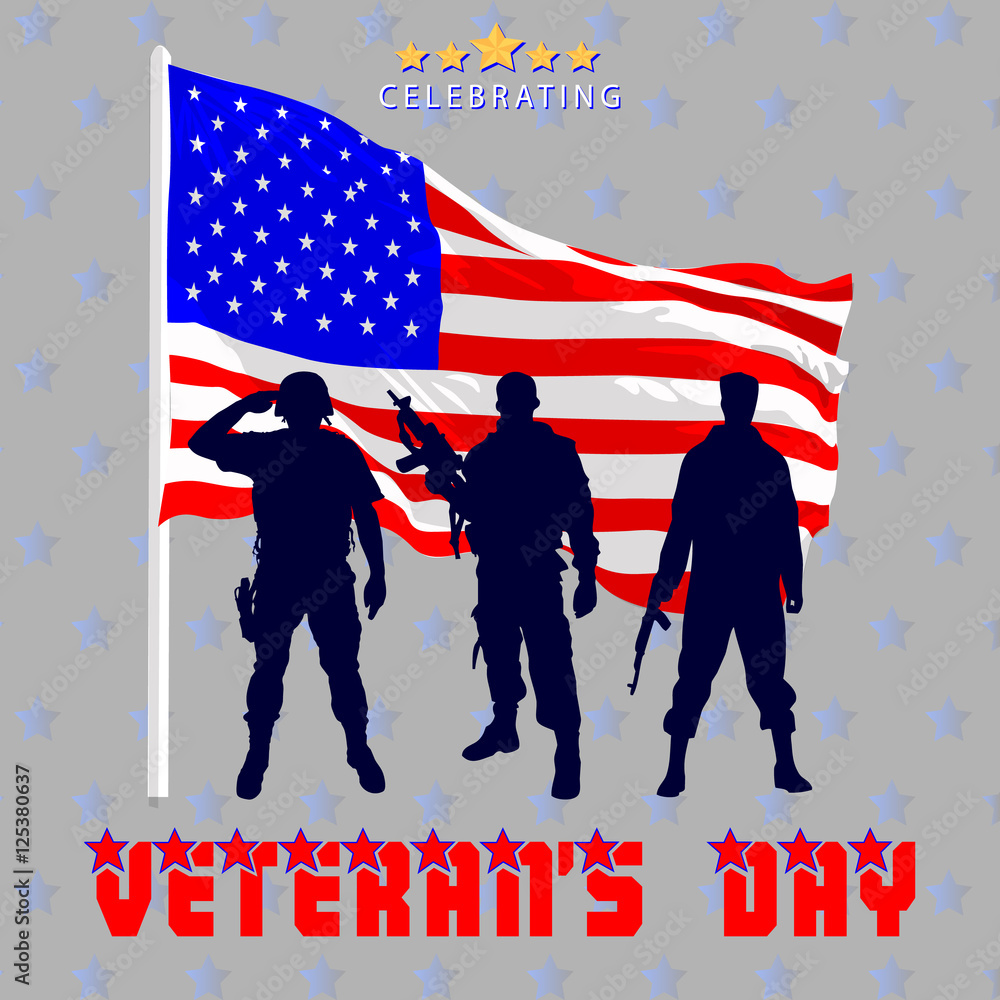Veterans Day, illustration, three soldiers, red letters in the US flag ...