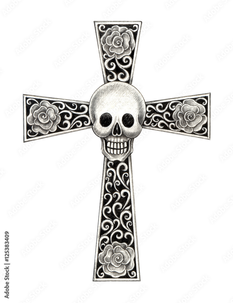 Art skull cross tattoo. Art design skull head mix vintage cross hand ...