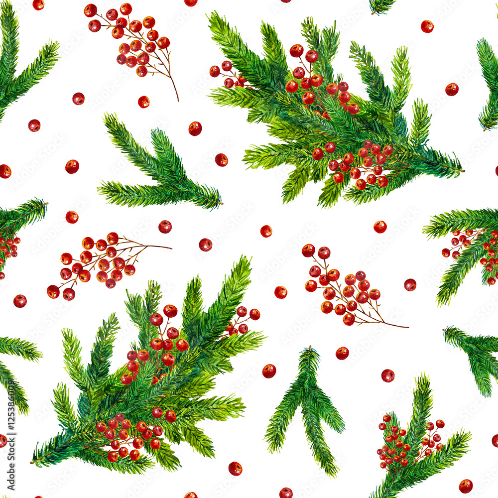 Watercolor Christmas pattern with fir branches and red berries isolated ...
