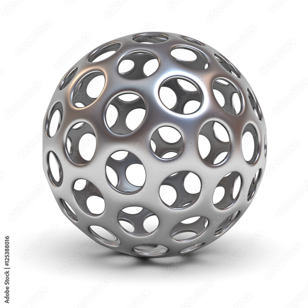 Hollow metallic chrome sphere isolated over white background with ...