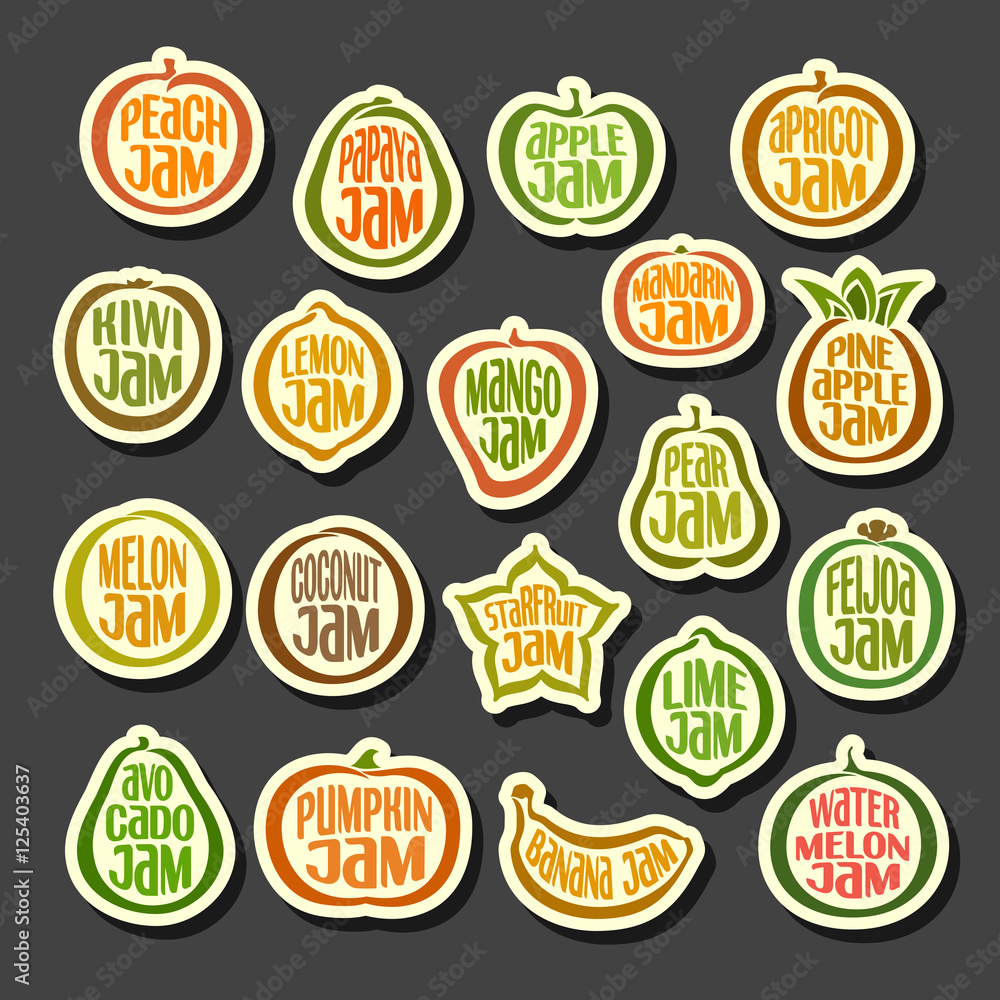 Vector Set colorful Fruits Jam icons: collection set of abstract label ...