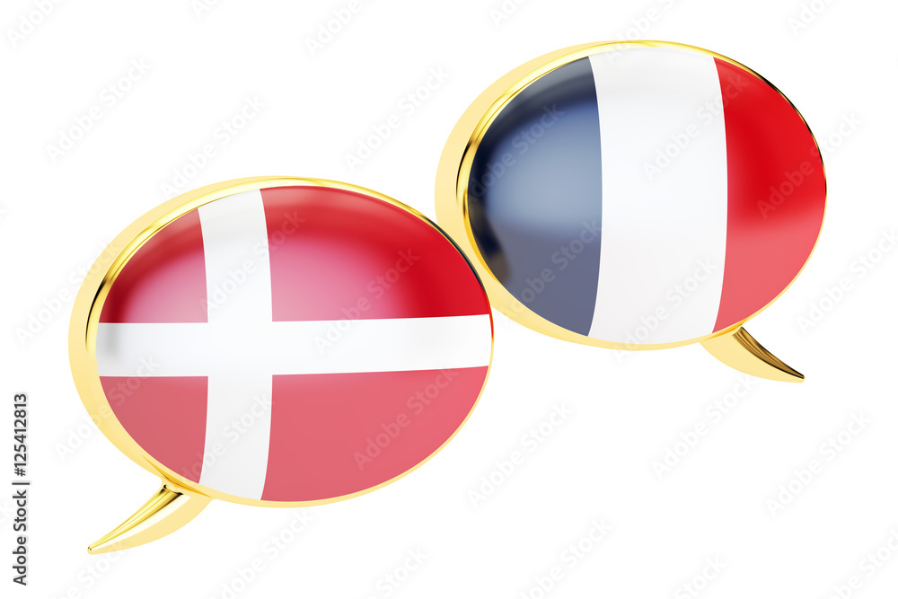 Speech bubbles, Danish-French translation concept. 3D rendering Stock ...