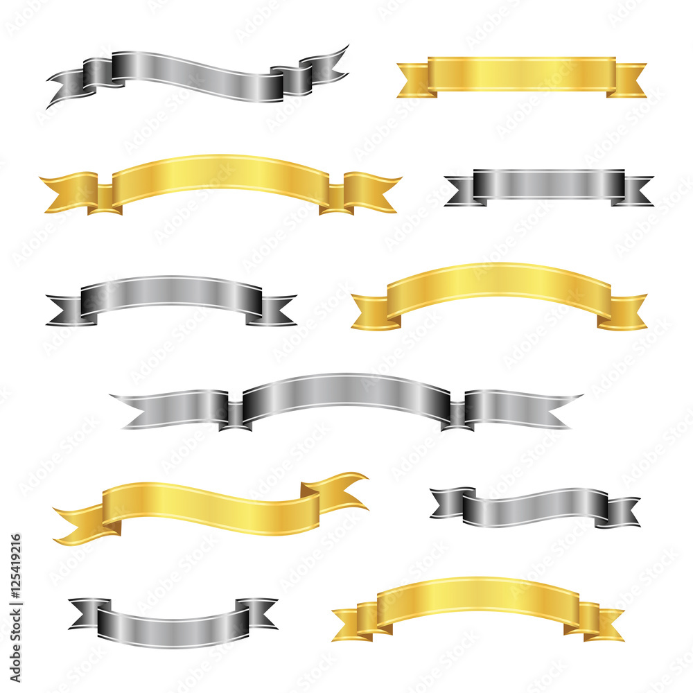 Set of gold and silver ribbon banners. Vector illustration. Stock ...
