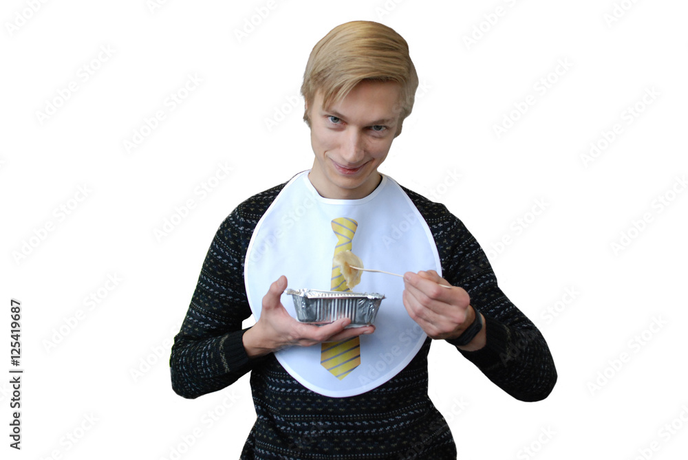 Happy handsome man eating fast food dumplings/Young smiling businessman ...