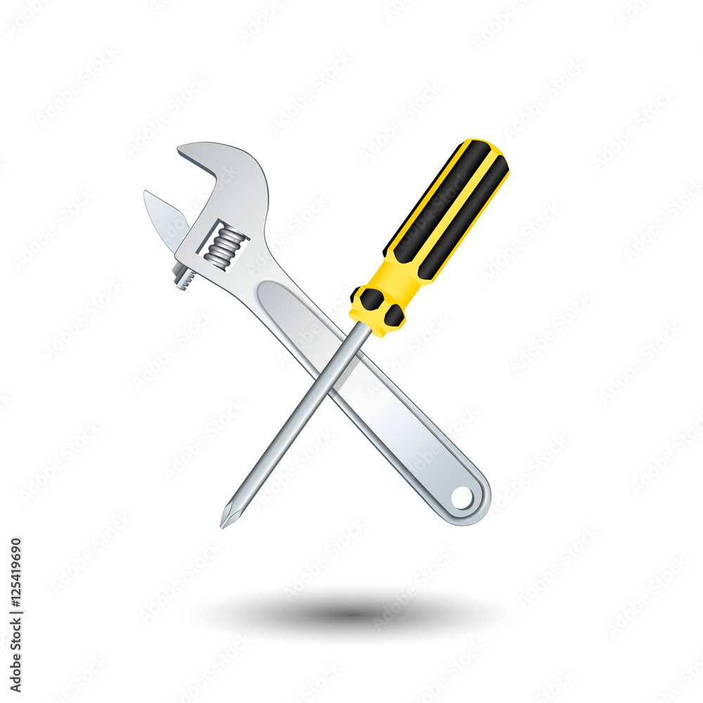 Crossed screwdriver and wrench. Isolated on white. Vector illust Stock ...