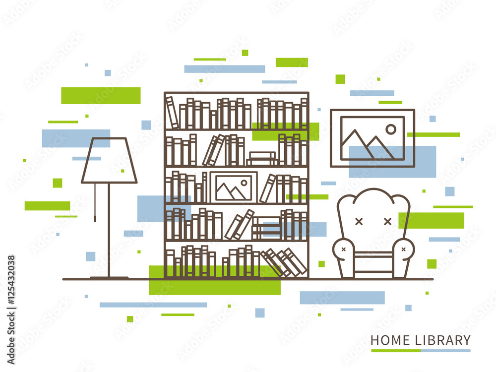 Linear design illustration of modern designer home library interior ...