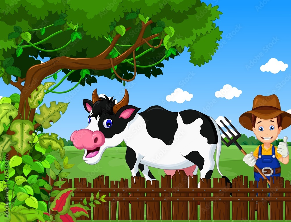 funny farm with cow cartoon and farmer life background Stock Photo ...