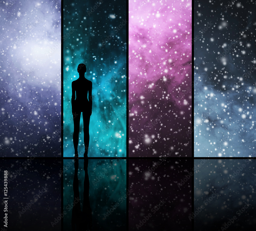 Universe, stars, planets and a human shape Stock Photo | Adobe Stock