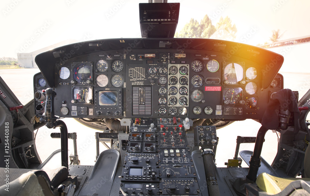 Cockpit helicopter - Instruments panel. Interior of helicopter control ...
