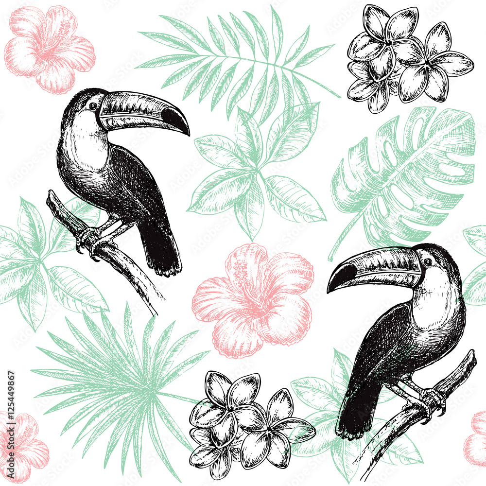 hand drawn sketch illustration tropical seamless pattern Stock Vector ...