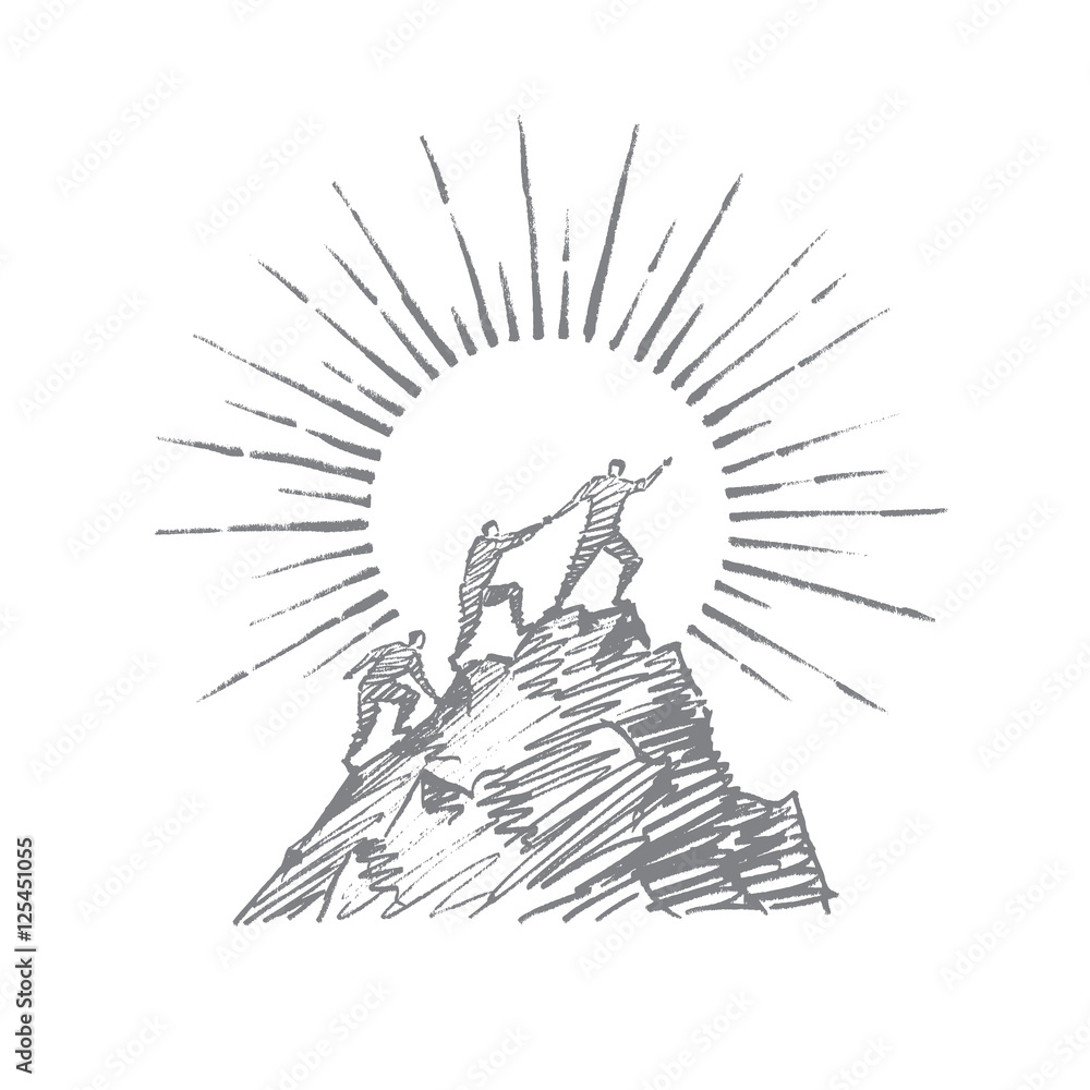 Vector hand drawn teamwork concept sketch. Group of people trying to ...