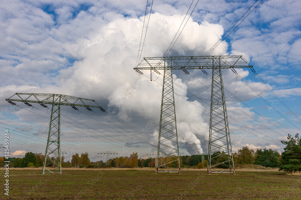 High voltage line and smoking pipes of thermal power plant in ...