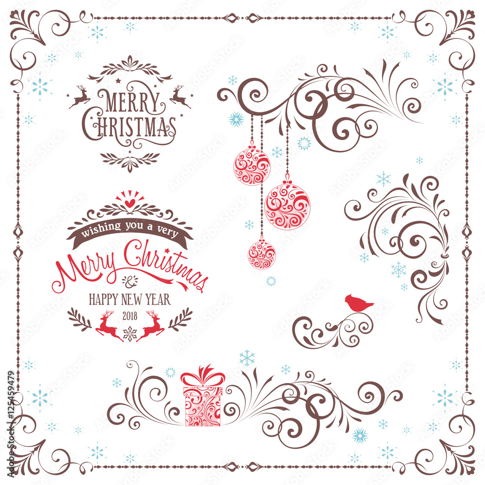 Winter flourishes with with typography design, Christmas balls, gift box, bird and deers. Vector ...
