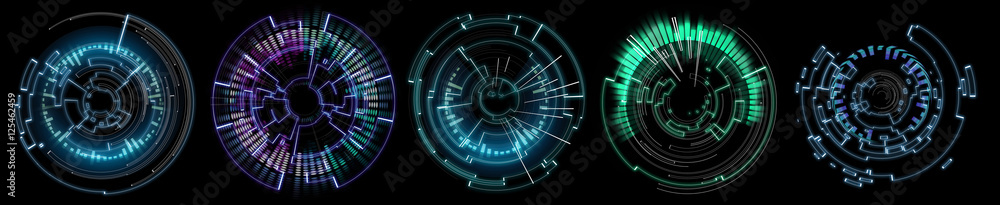 Collection of Futuristic technology wheel on a black background Stock ...
