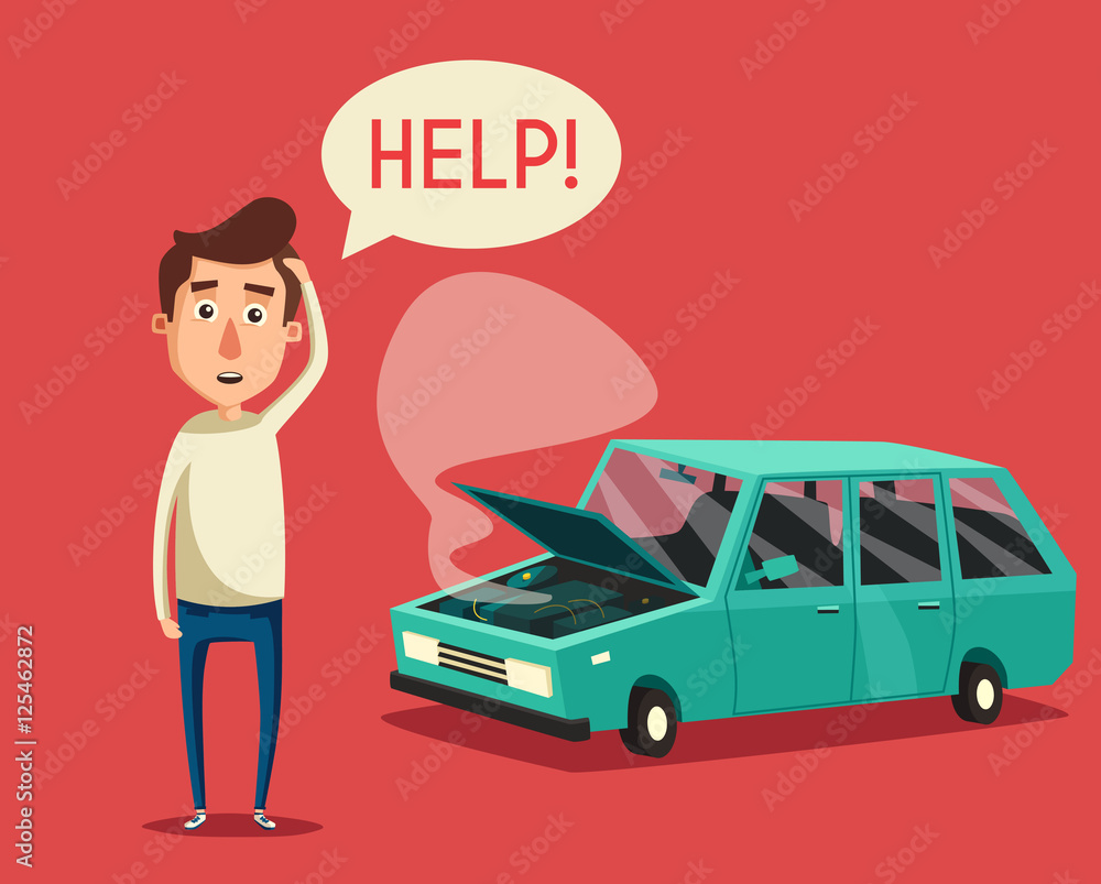 Broken car. Vector cartoon illustration. Need help Stock Vector | Adobe ...