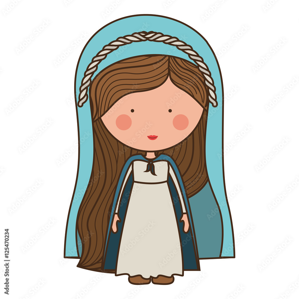 cartoon virgin mary woman smiling and wearing blue mantle over white ...