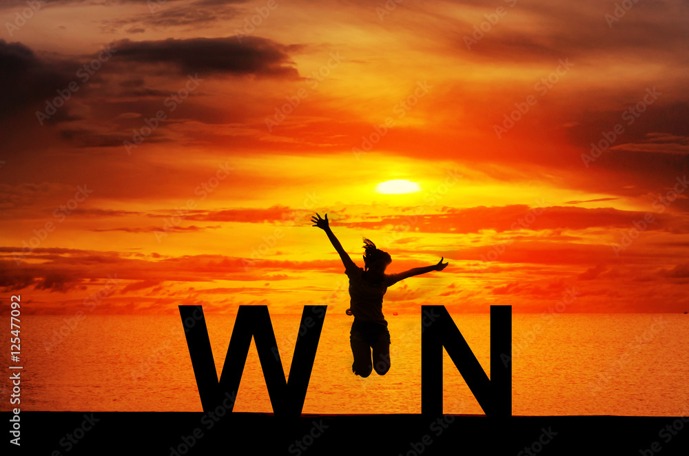 Silhouette young woman jumping on the beach and WIN message, Win ...