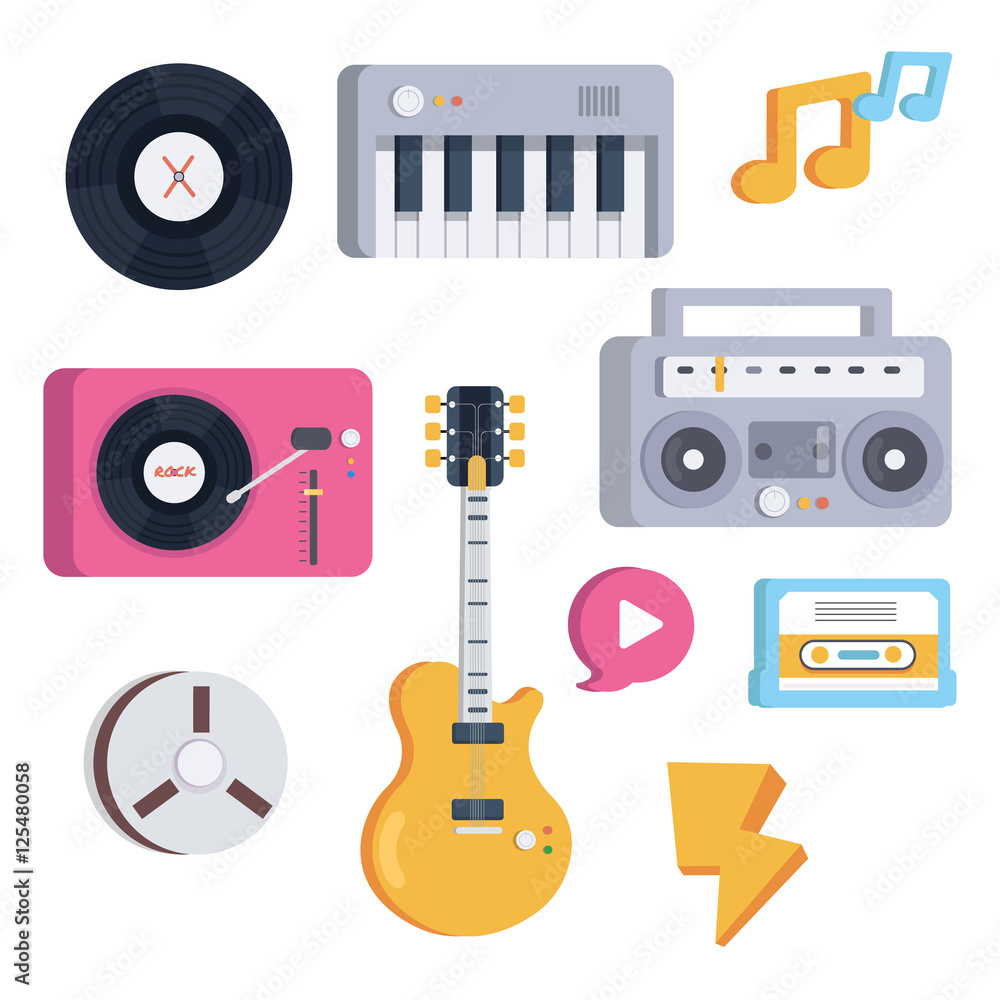 Poster Musical instruments, symbols and objects in flat style. – Wall ...