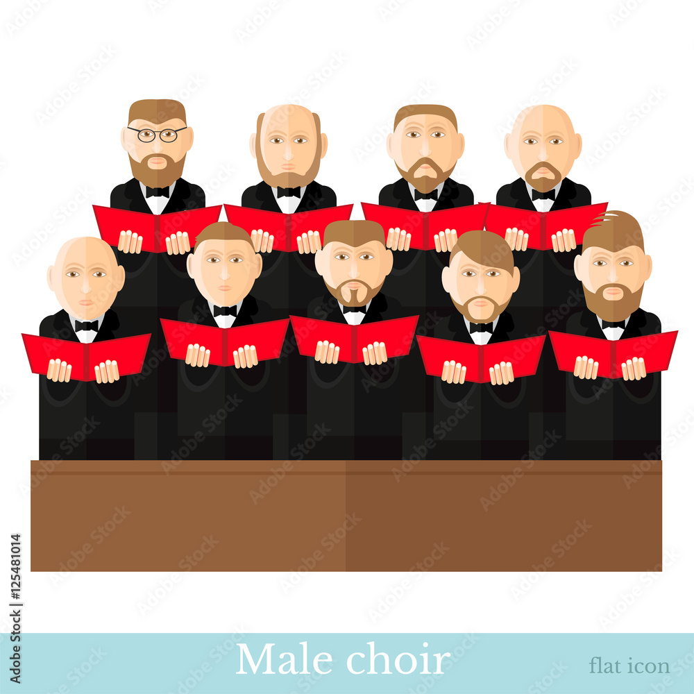 Flat style male choir in two raws with black suits and red cover notes ...