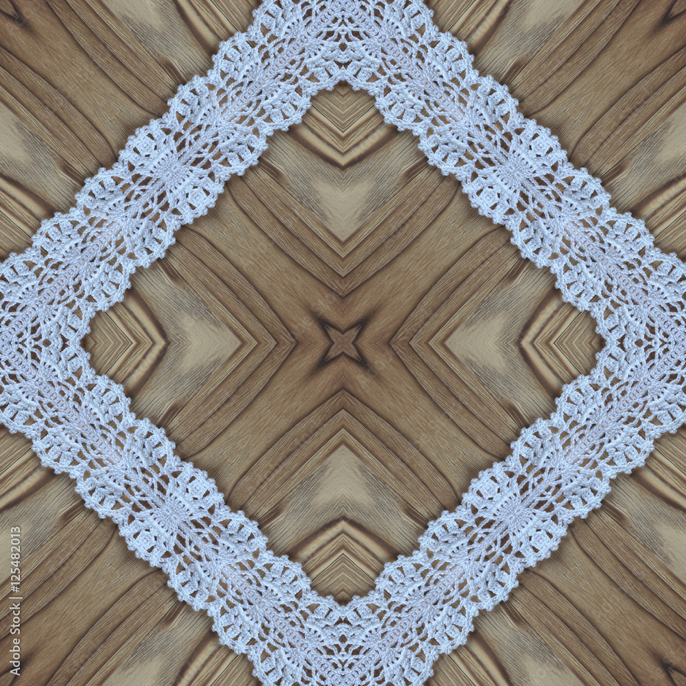 Cotton white crochet background, backdrop for scrapbook, top view. Collage mirror reflection ...