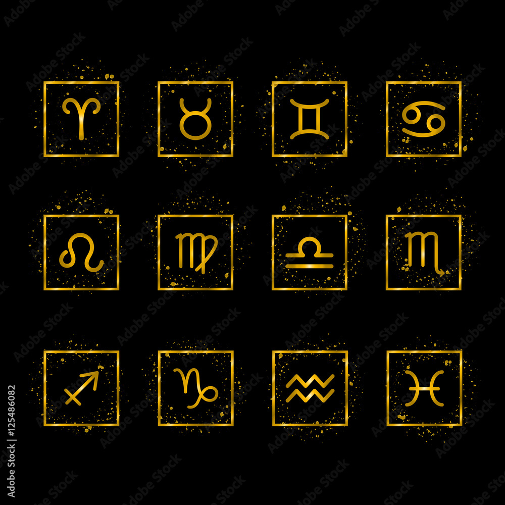 Gold zodiac signs icons, decorative elements for design in vector. Set ...