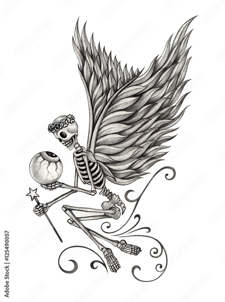 Skull angel. Hand pencil drawing on paper Stock Illustration | Adobe Stock