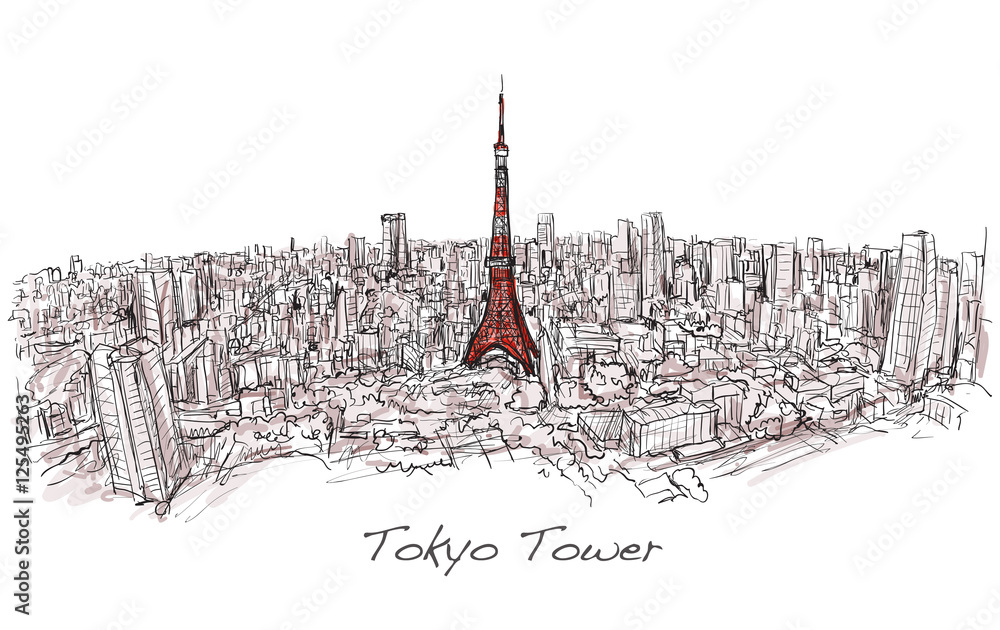 Sketch of city scape Tokyo Tower with building skyline Stock Vector ...