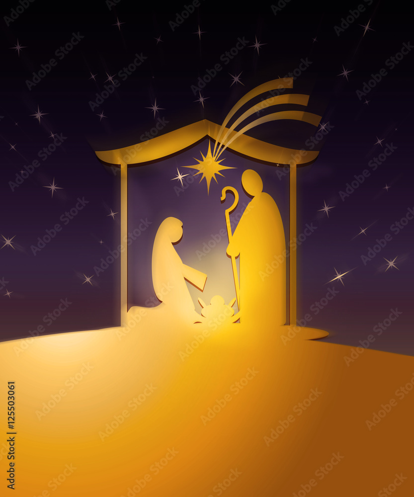 Christmas nativity religious Bethlehem crib scene, with Holy family of ...