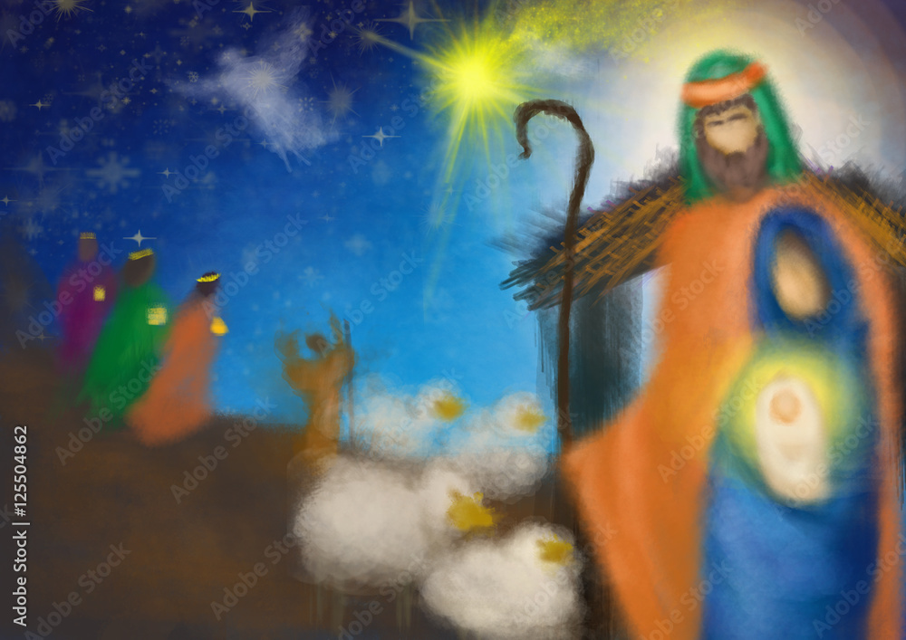 Christmas nativity religious Bethlehem crib scene, with Holy family of ...