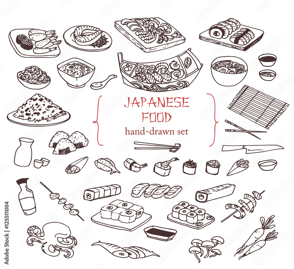 Hand-drawn collection of the different japanese food. Line art set of ...
