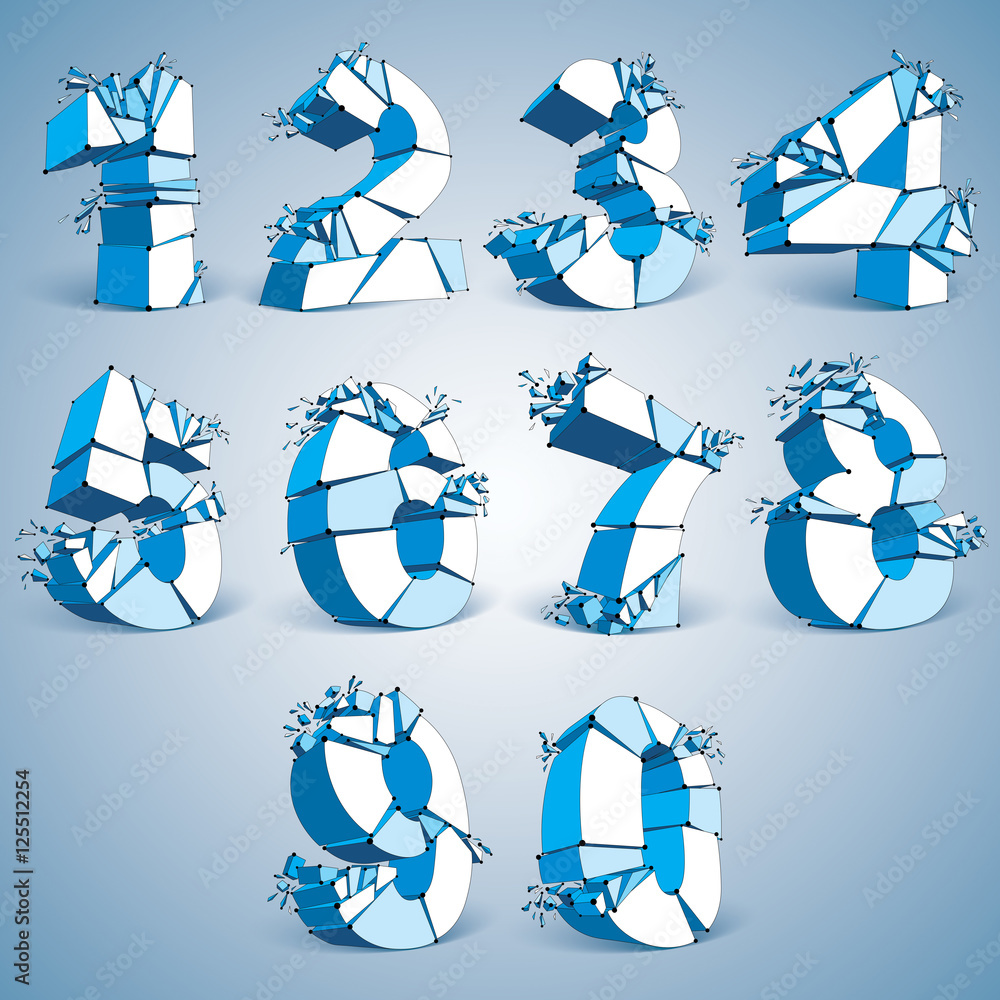 Set of 3d vector digital wireframe blue numbers from 0 to 9 brok Stock ...