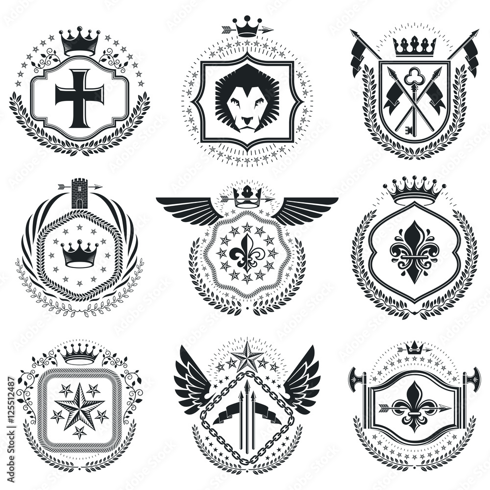Heraldic emblems isolated vector illustrations. Collection of sy Stock ...