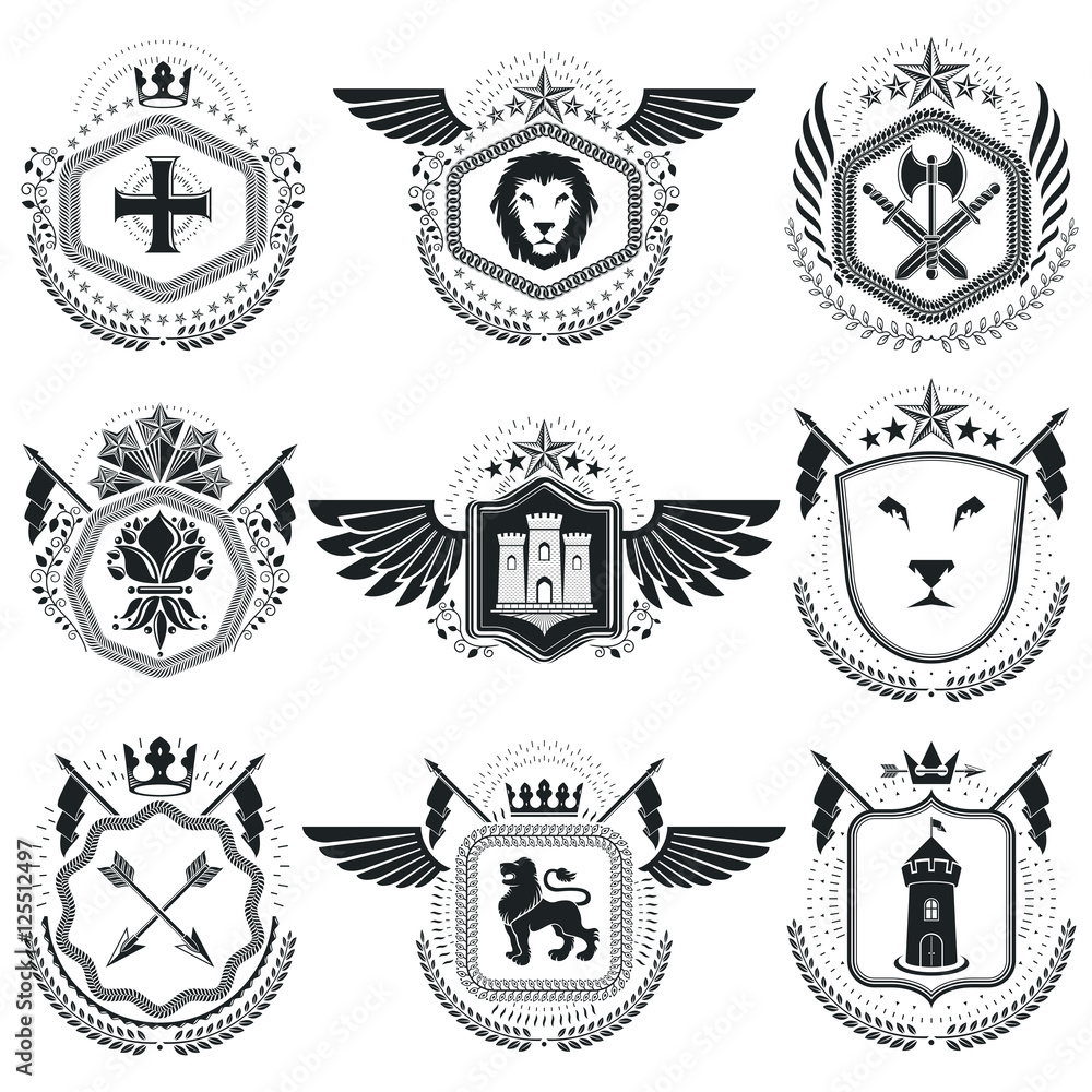 Heraldic emblems isolated vector illustrations. Collection of sy Stock ...