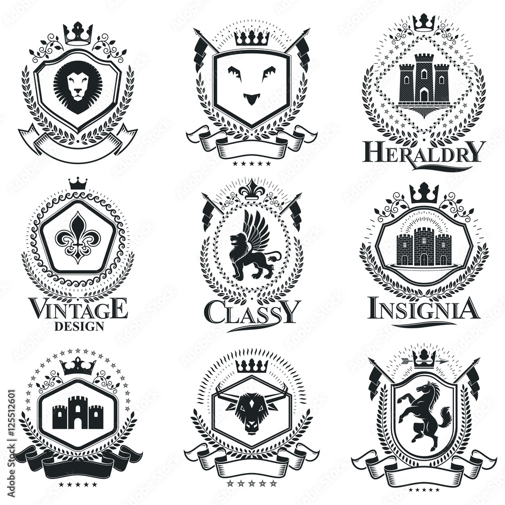 Vintage decorative emblems compositions, heraldic vectors. Class Stock ...