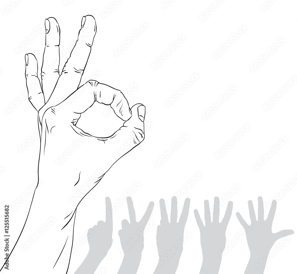 Numbers hand signs set, number zero, detailed black and white li Stock ...