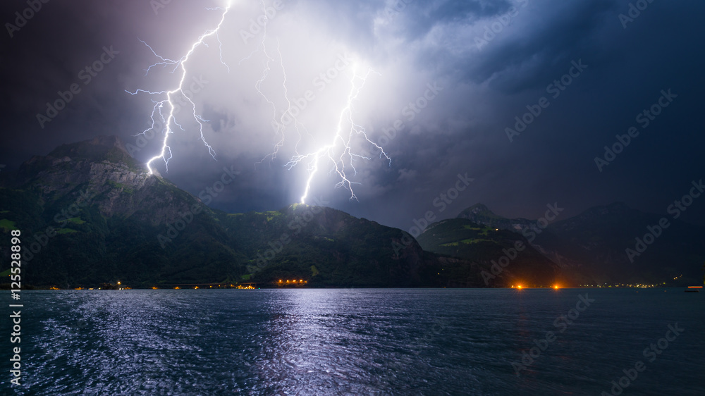 Thunderstorm with Lightning. Mountain landscape by storm and rain ...