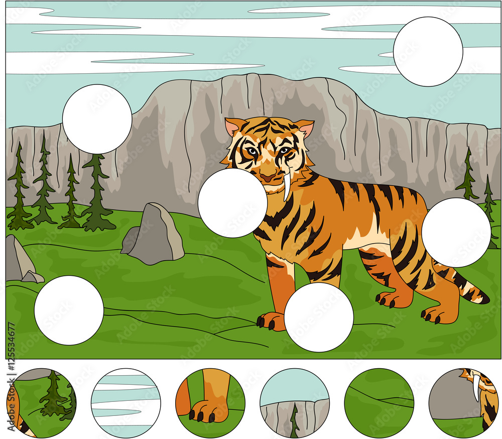 Cartoon saber-toothed tiger on the background of a prehistoric n Stock ...