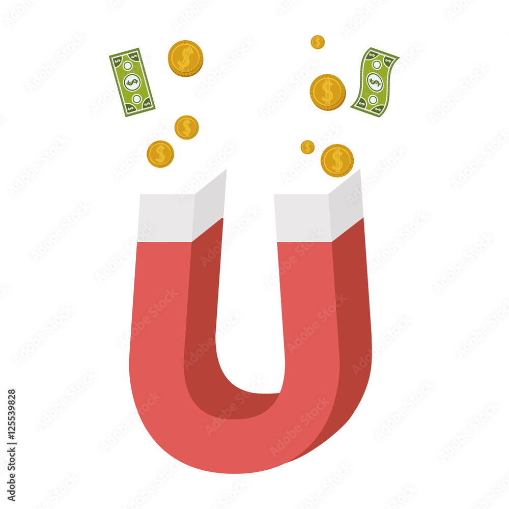 magnet icon with money bills and coins over white background. vector ...