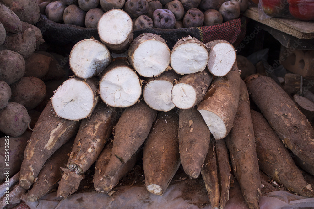 Cassava roots (Yuca) on a market (San Camilo), Arequipa, Peru Stock ...