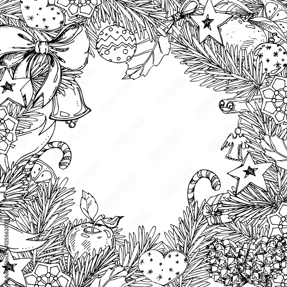New Year and Christmas frame for coloring book for adult and children ...