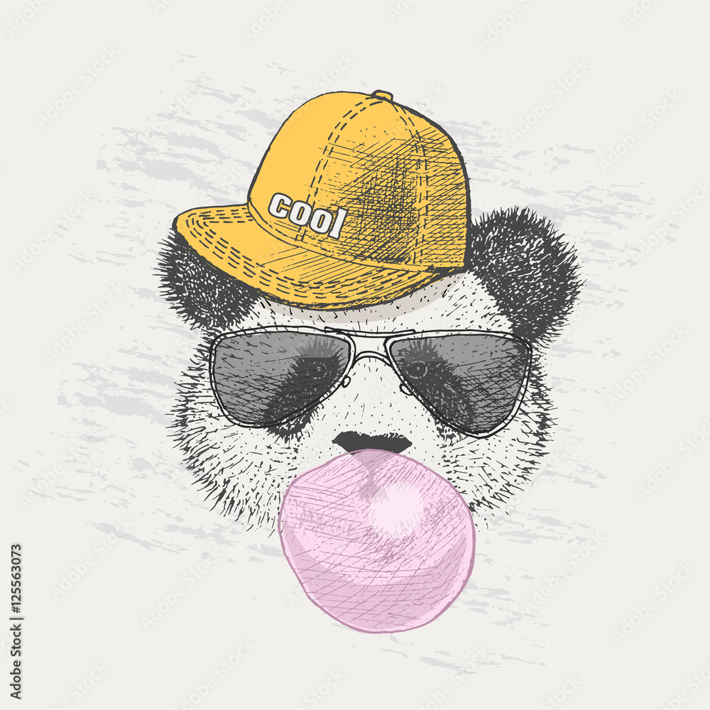 cool Panda bear in rapper cap and sunglasses inflates bubble Stock ...