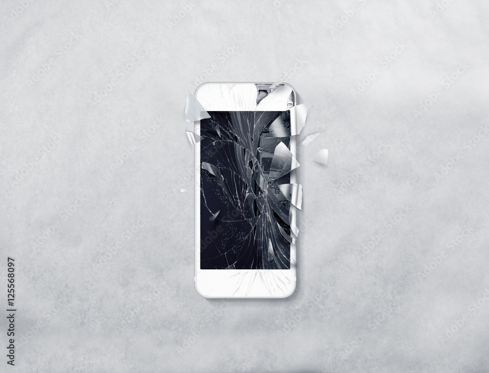 Broken mobile phone screen, scattered shards. Smartphone monitor damage ...