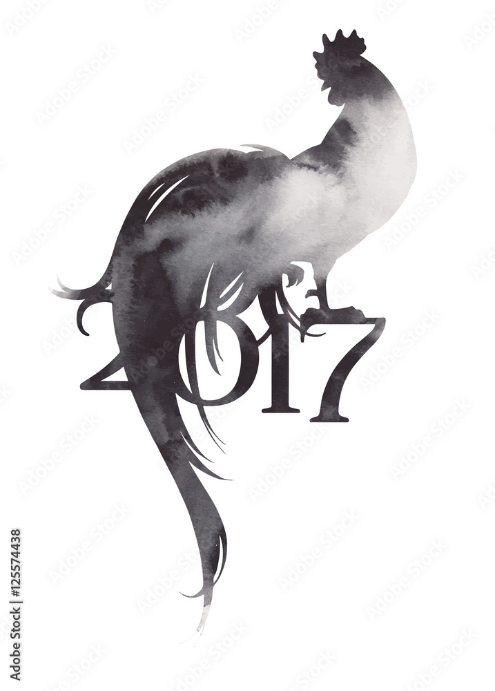 New 2017 year symbol of cock with watercolor texture in shades of grey ...